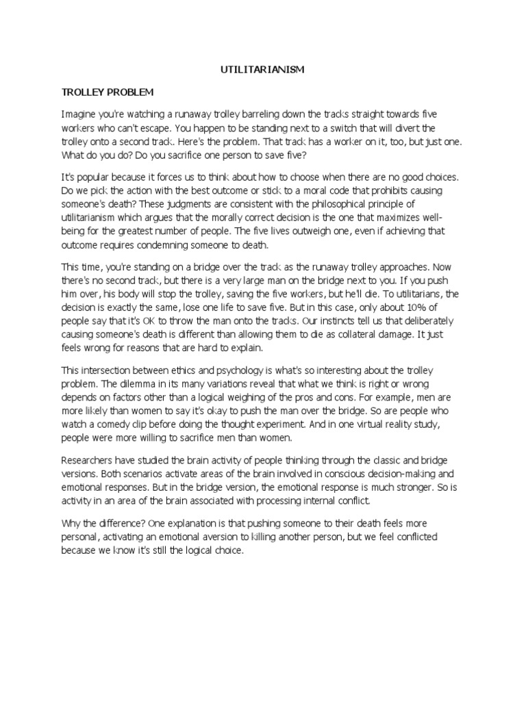 Utilitarianism Trolley Problem | PDF | Utilitarianism | Happiness