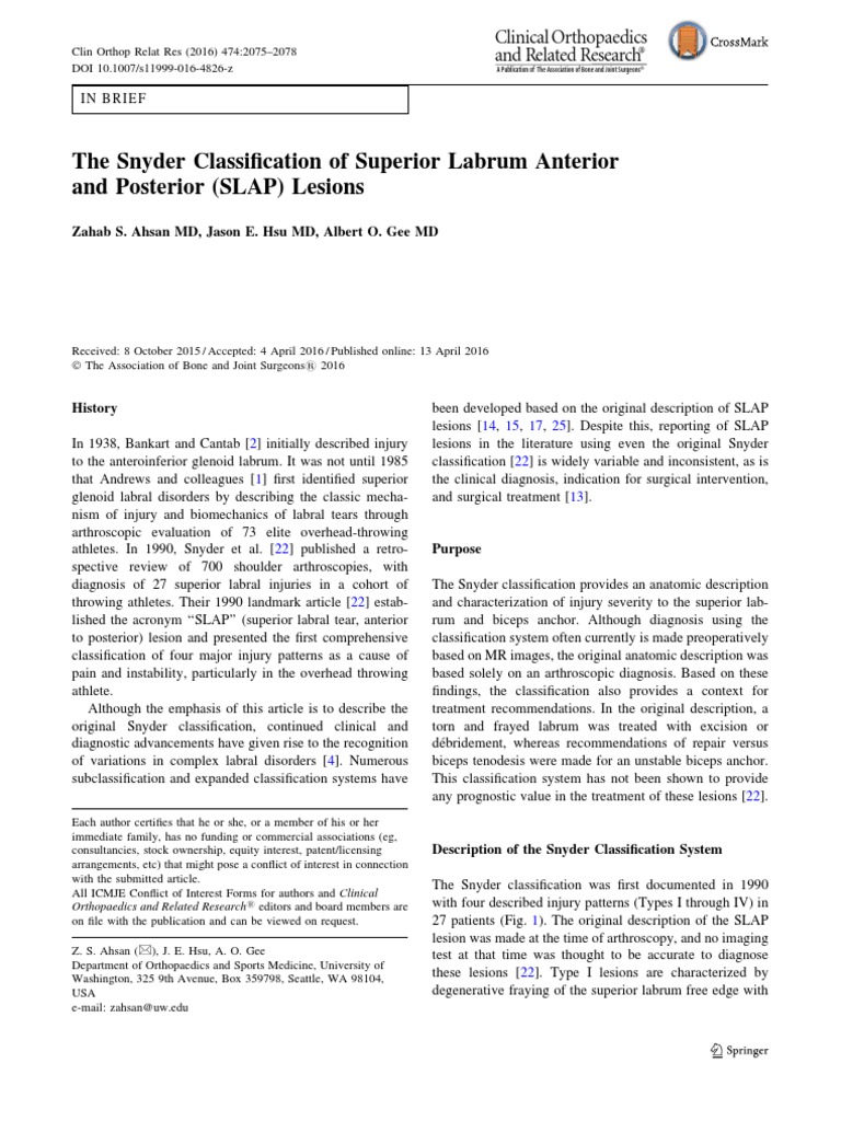 The Snyder Classification of SLAP Lesions | PDF | Shoulder | Medicine