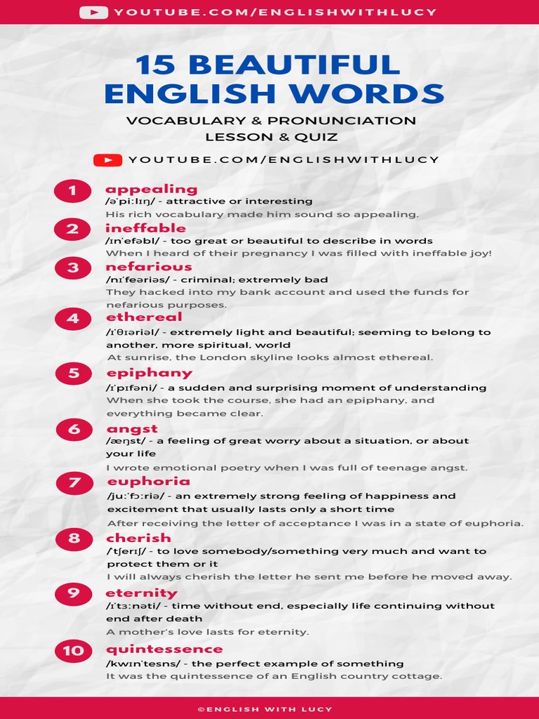 15 Beautiful English Words: Vocabulary & Pronunciation Lesson & Quiz | PDF
