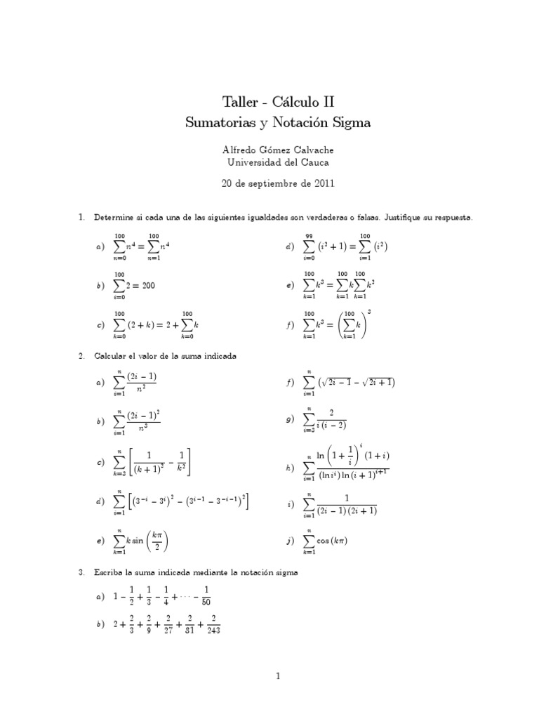 Taller Sumatorias y Notaci+ N Sigma | PDF | Matemáticas | Análisis matemático