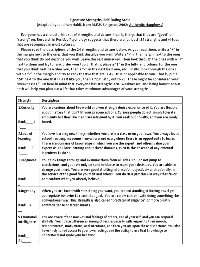 Signature Strengths, Self-Rating Scale | PDF | Courage | Expert