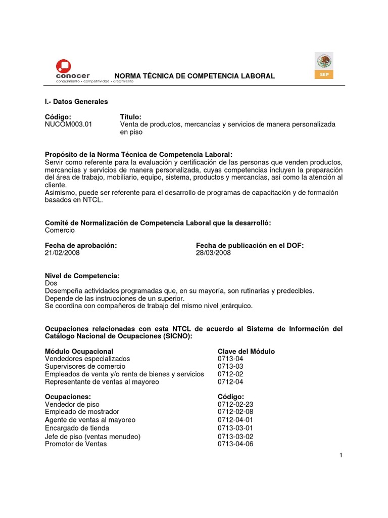 NORMA TÉCNICA de COMPETENCIA LABORAL. Venta de Productos, Mercancías y Servicios de Manera ...