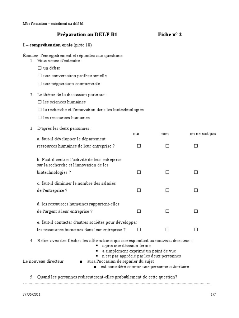 Fiche2 Delf b1 | PDF