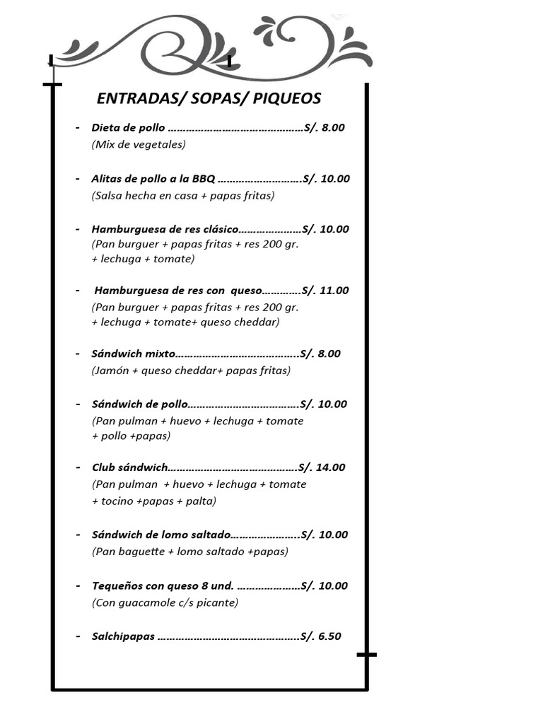 Menú de entrada, fondos y bebidas de restaurante con variedad de ...