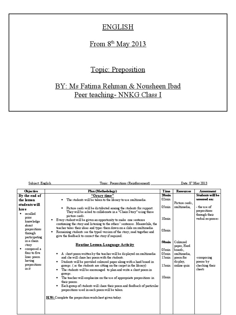 English Lesson Plan - Class I - Prepositions | PDF | Multimedia | Teachers