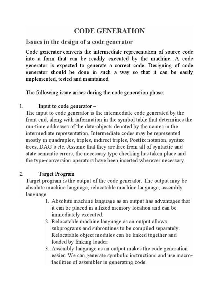 Code Generation: Issues in The Design of A Code Generator | PDF | Program Optimization | Subroutine