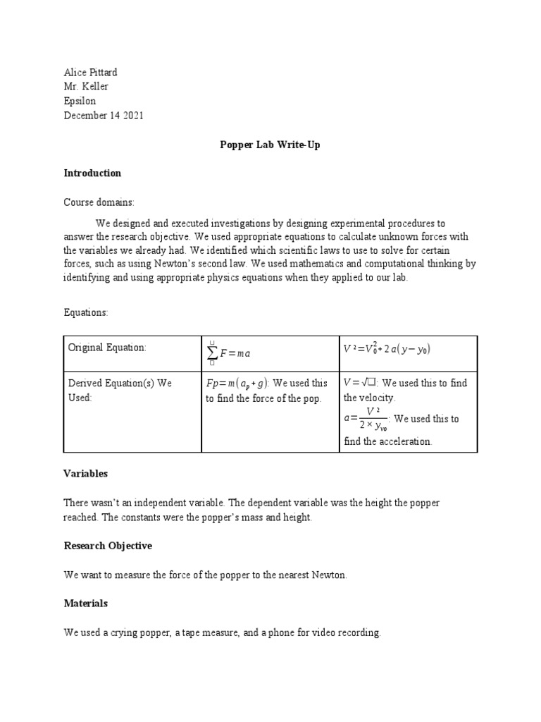 Alice Pittard Popper Lab | PDF | Newton's Laws Of Motion | Force