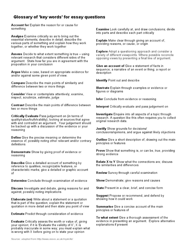Glossary of Key Words For Essay Questions | PDF | Reason | Argument