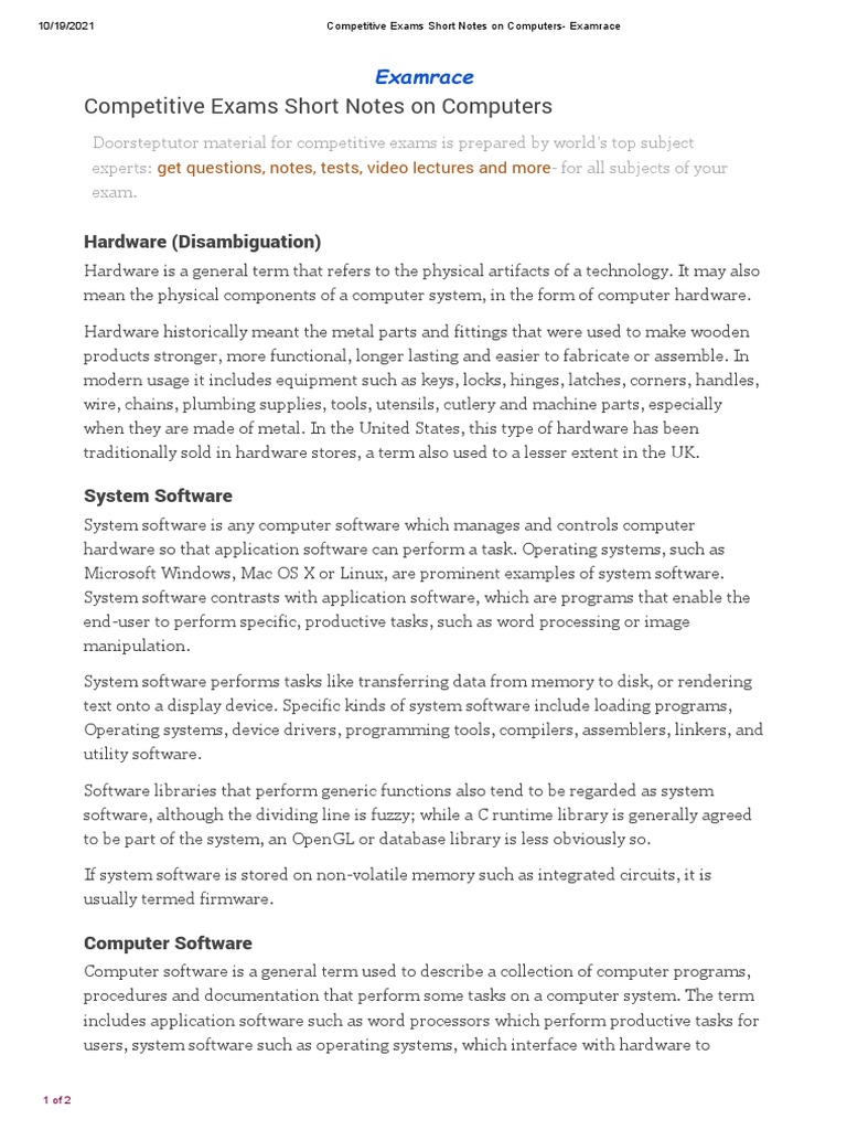 Computers Short Notes | PDF | Software | Operating System