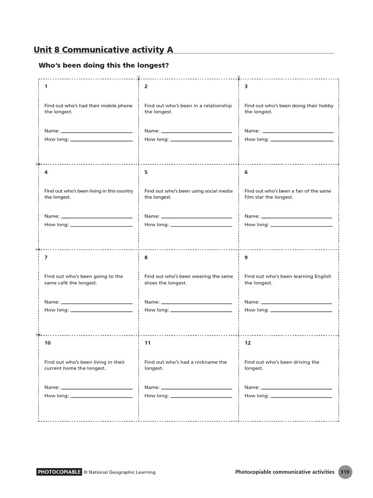 Unit 8 Communicative Activity A: Who's Been Doing This The Longest? | PDF