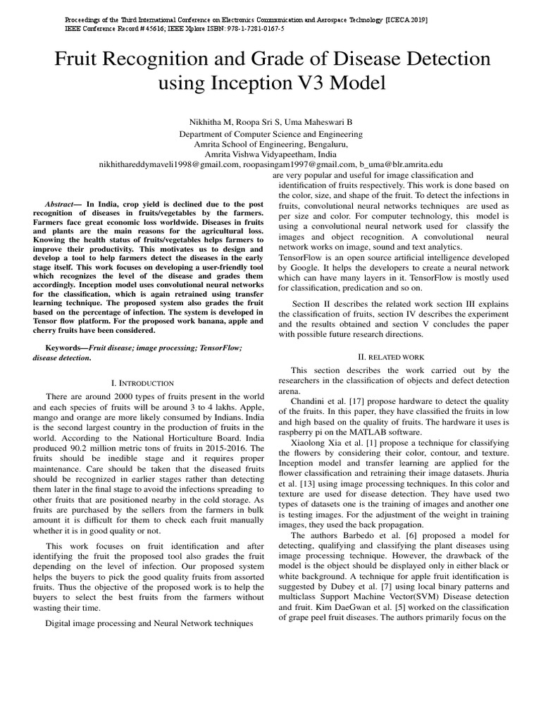 Fruit Recognition and Grade of Disease Detection Using Inception V3 Model Base Paper 2 | PDF ...
