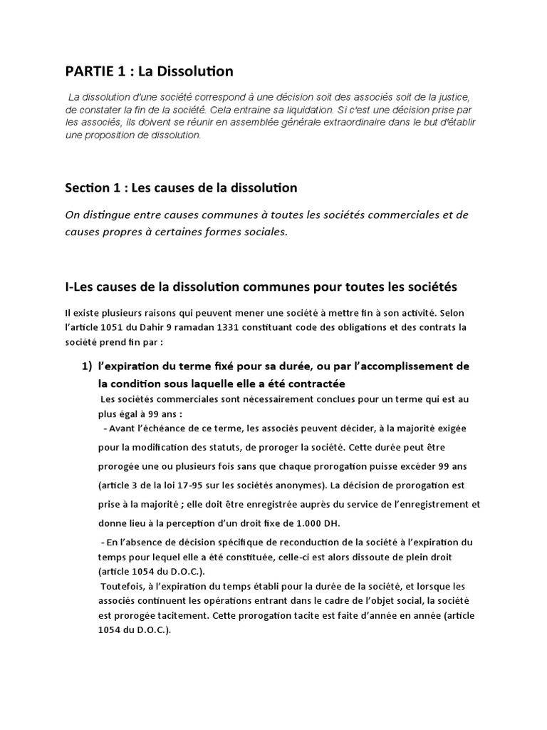 Causes et Effets de la Dissolution | PDF | Liquidation | Actionnaire