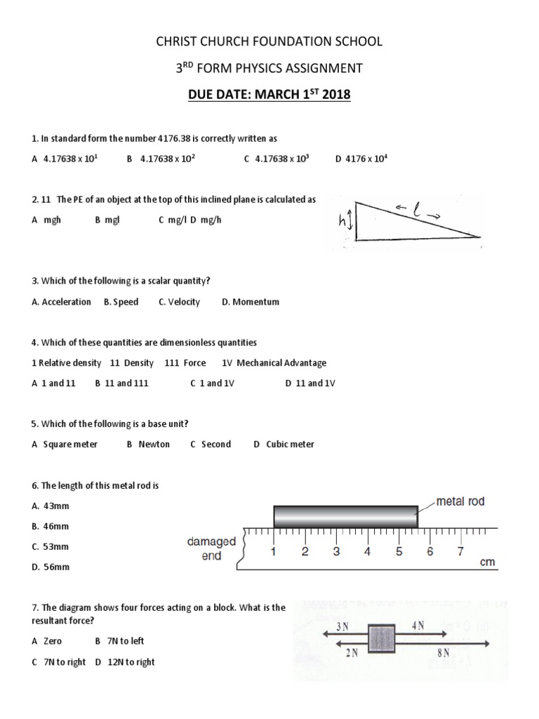 Physics Assignment for 3rd Form | PDF | Force | Velocity
