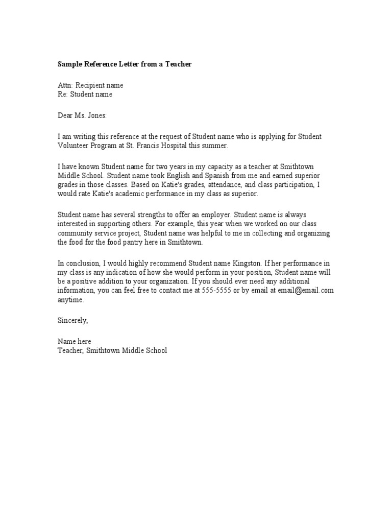 Sample Reference Letter From A Teacher | PDF | Empathy | Behavioural ...