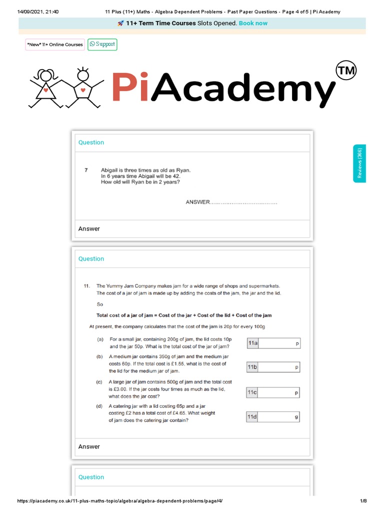 11 Plus (11+) Maths - Algebra Dependent Problems - Past Paper Questions ...