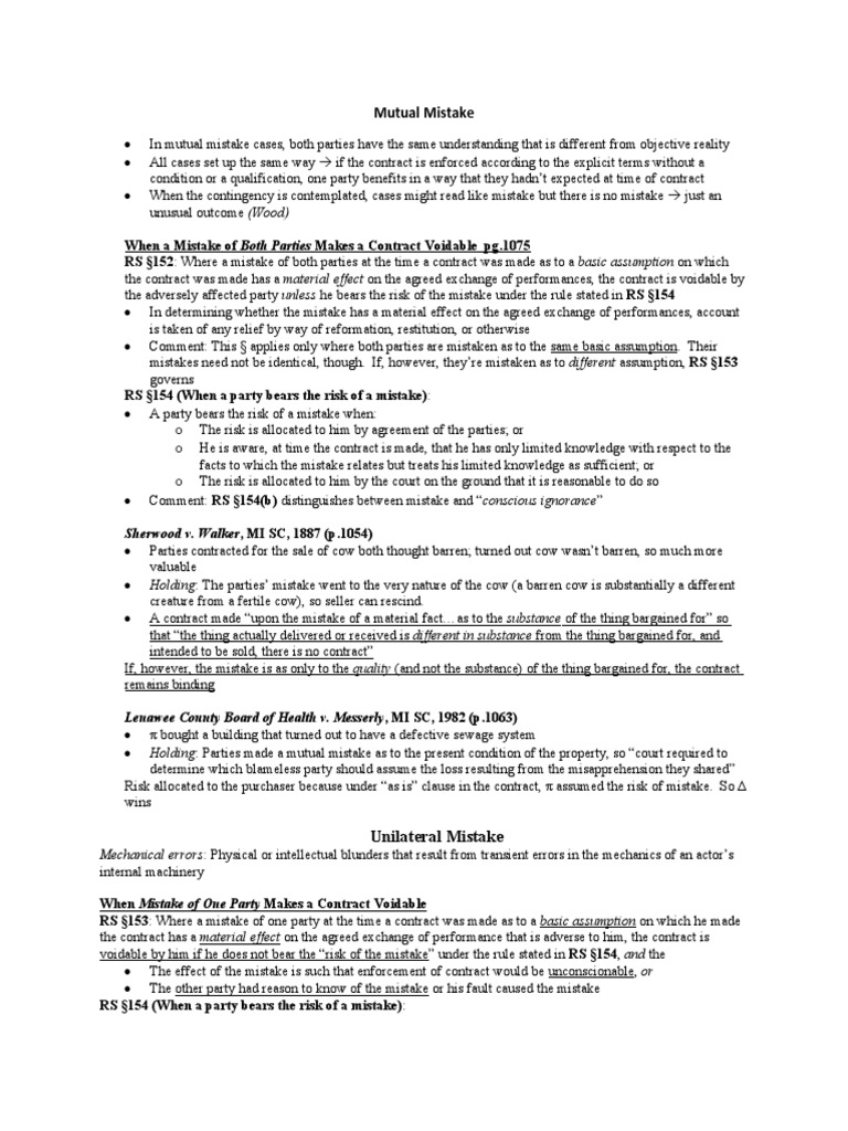 Mutual and Unilateral Mistakes | PDF | Contract Law | Legal Concepts