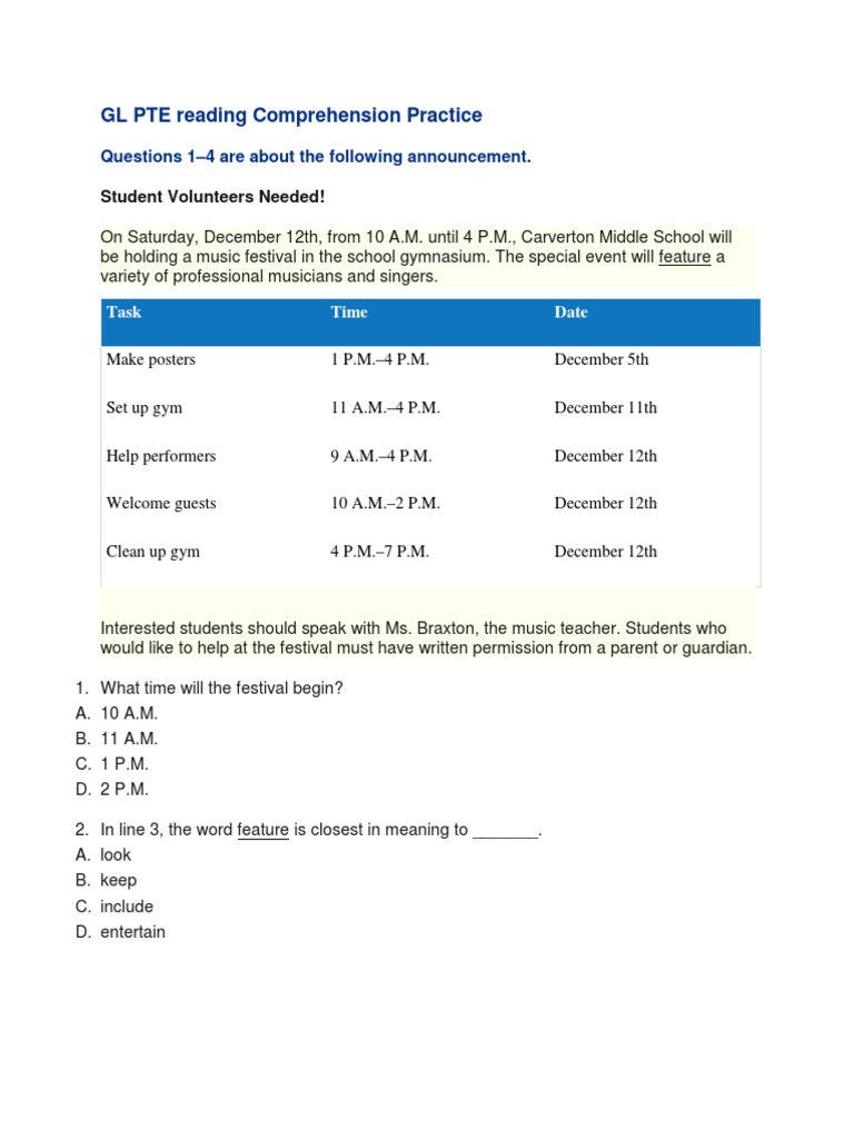 GL PTE Reading Comprehension Practice: Questions 1-4 Are About The ...