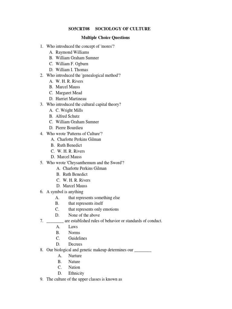 So5Crt08 Sociology of Culture Multiple Choice Questions | PDF | Id ...