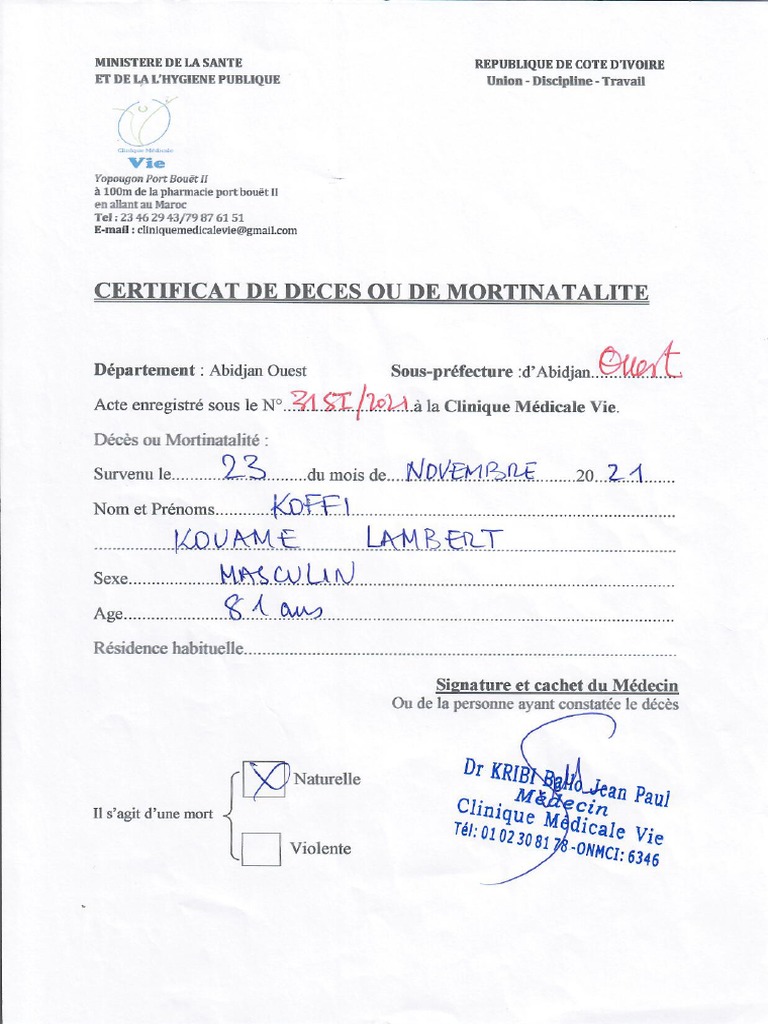 Certificat de Décès Ou de Mortalité | PDF