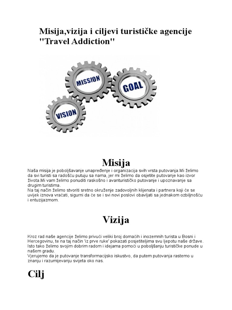 Misija: Misija, Vizija I Ciljevi Turističke Agencije "Travel Addiction ...