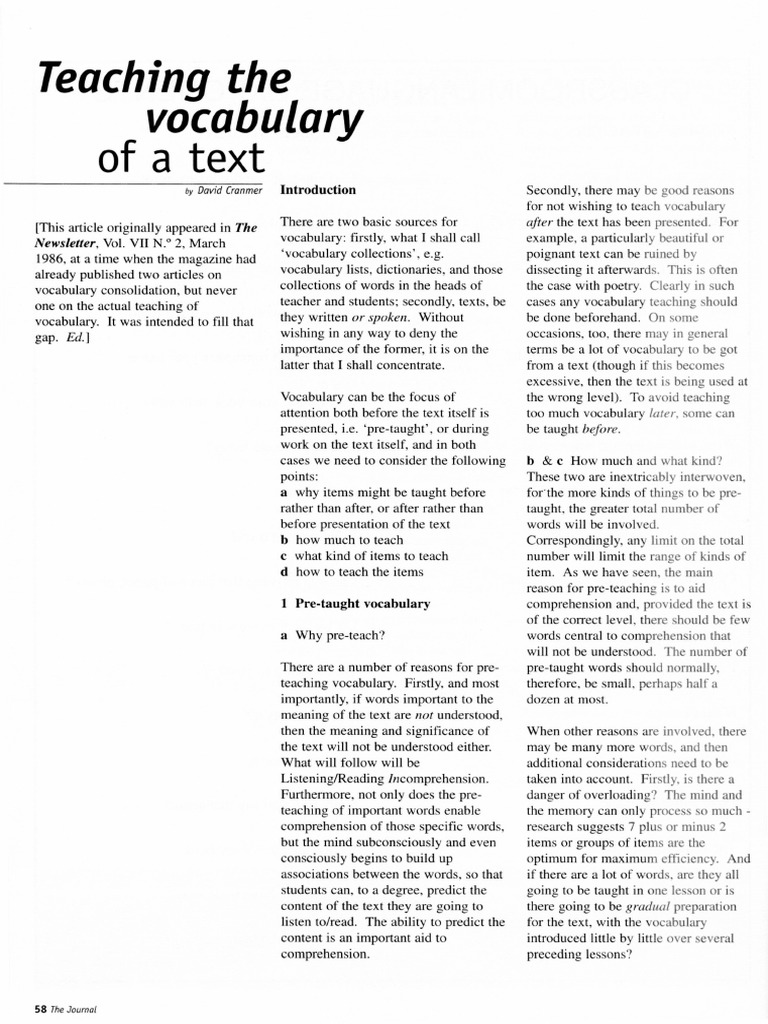 Teaching The Vocabulary of A Text | PDF | Vocabulary | Reading ...