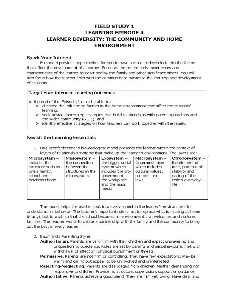 Field Study 1 Learning Episode 4 Learner Diversity: The Community and ...