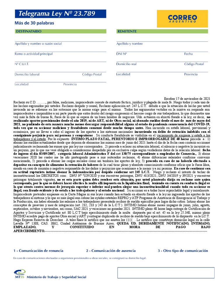 Modelo Telegrama Laboral | PDF