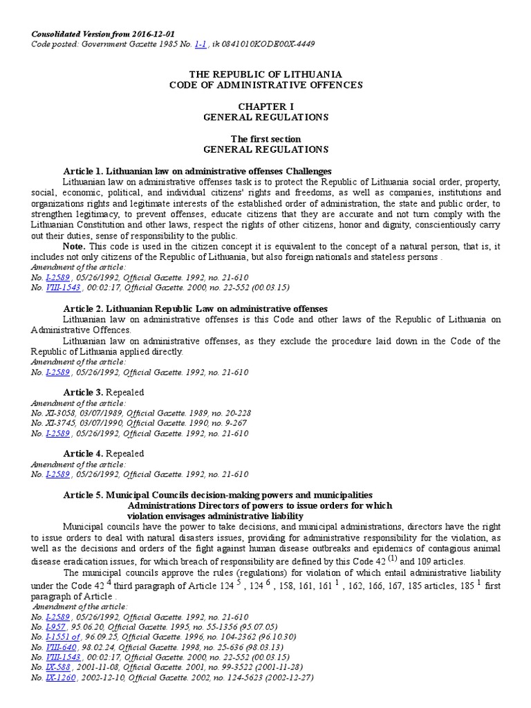 The Republic of Lithuania Code of Administrative Offences | PDF | Crime ...