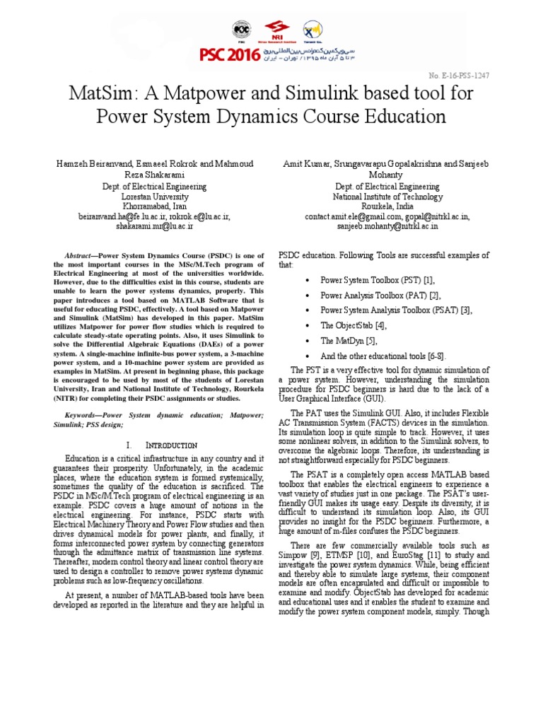 Matsim: A Matpower and Simulink Based Tool For Power System Dynamics ...