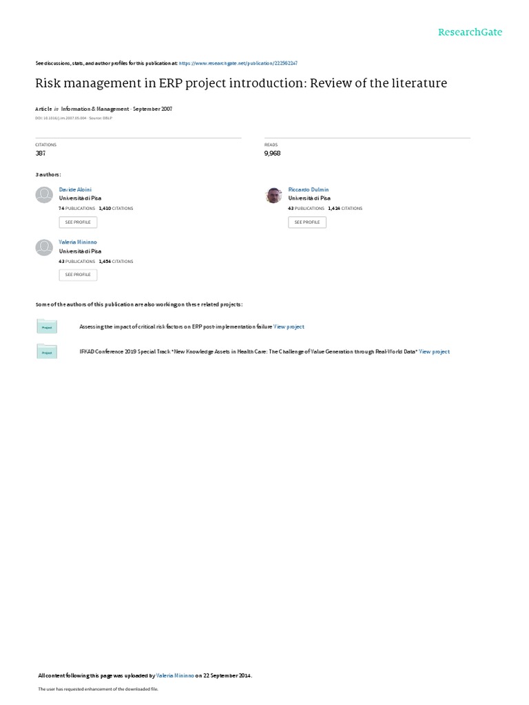 Risk Management in ERP Project Introduction: Review of The Literature ...