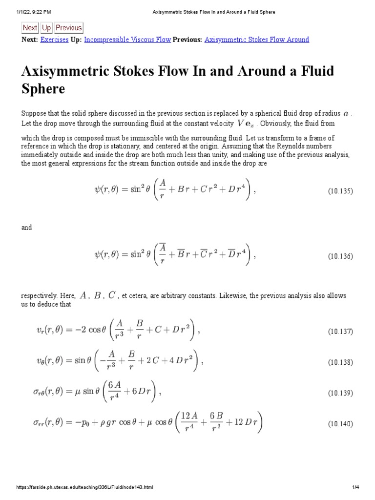Axisymmetric Stokes Flow in and Around A Fluid Sphere | PDF | Fluid ...
