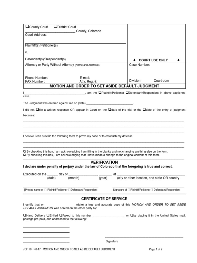 JDF 78 Motion and Order To Set Aside Default Judgment | PDF | Default ...