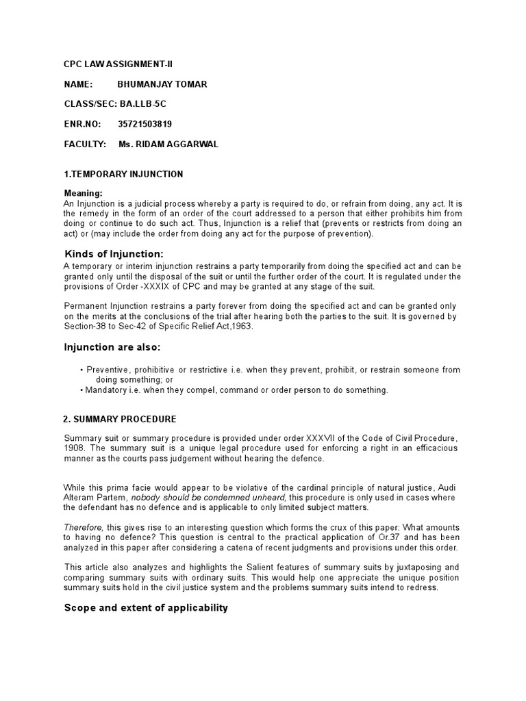 CPC Law Assignment - II, Bhumanjay Tomar, Ba - llb-5c, 35721503819. | PDF | Appeal | Lawsuit