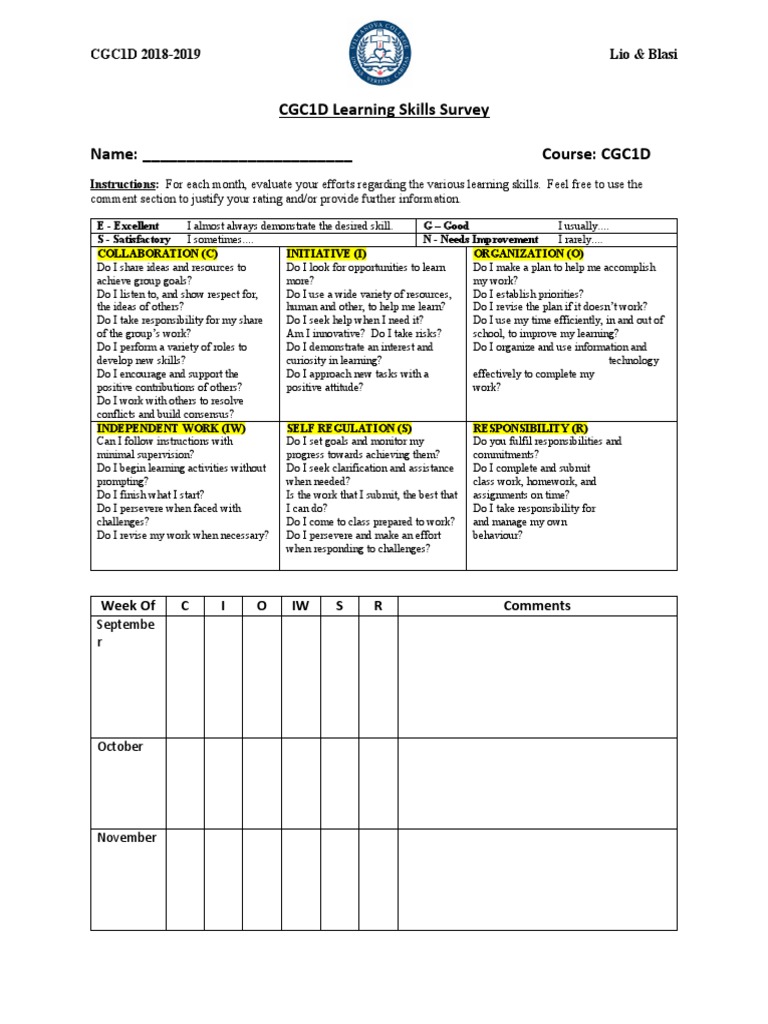 CGC1D - Learning Skills Self-Assessment 18-19 | PDF | Learning | Human ...