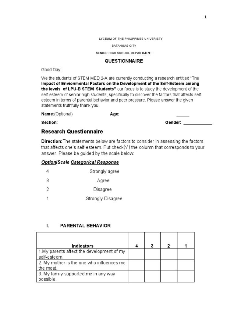 Questionnaire and Objectives | PDF | Self Esteem | Social Psychology