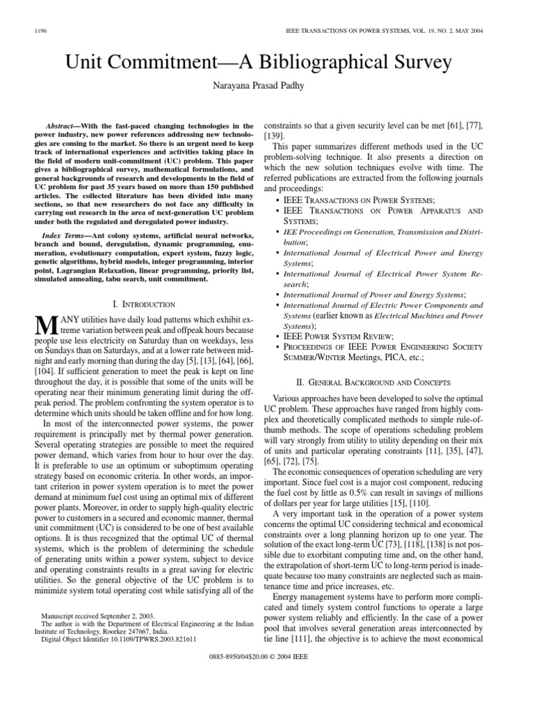 Unit Commitment-A Bibliographical Survey | PDF | Mathematical Optimization | Genetic Algorithm