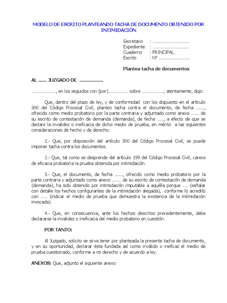 Modelo de Escrito Planteando Tacha de Documento Obtenido Por Intimidación | PDF | Ley procesal ...