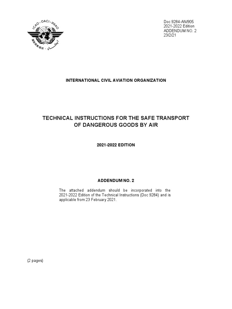 ICAO Doc 9284 Addendum on Dangerous Goods | PDF