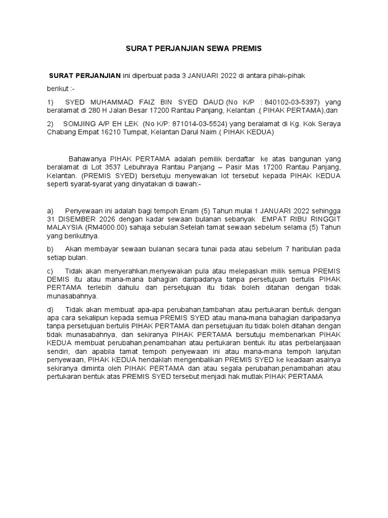 Surat Perjanjian Sewa Premis | PDF