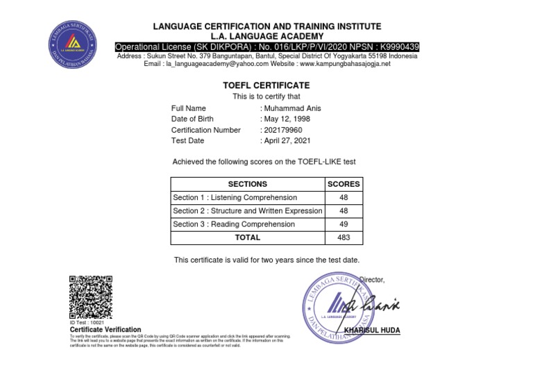 Operational License (SK DIKPORA) : No. 016/LKP/P/VI/2020 NPSN: K9990439 ...