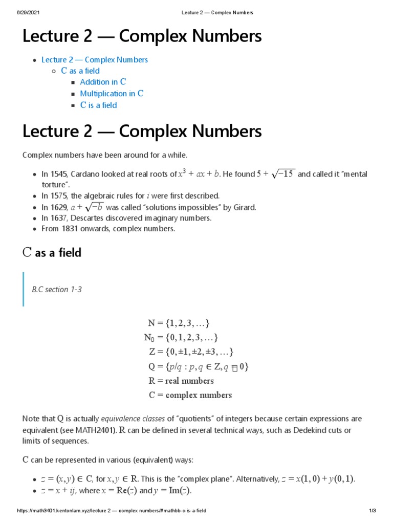 Lecture 2 - Complex Numbers | PDF | Complex Number | Field (Mathematics)