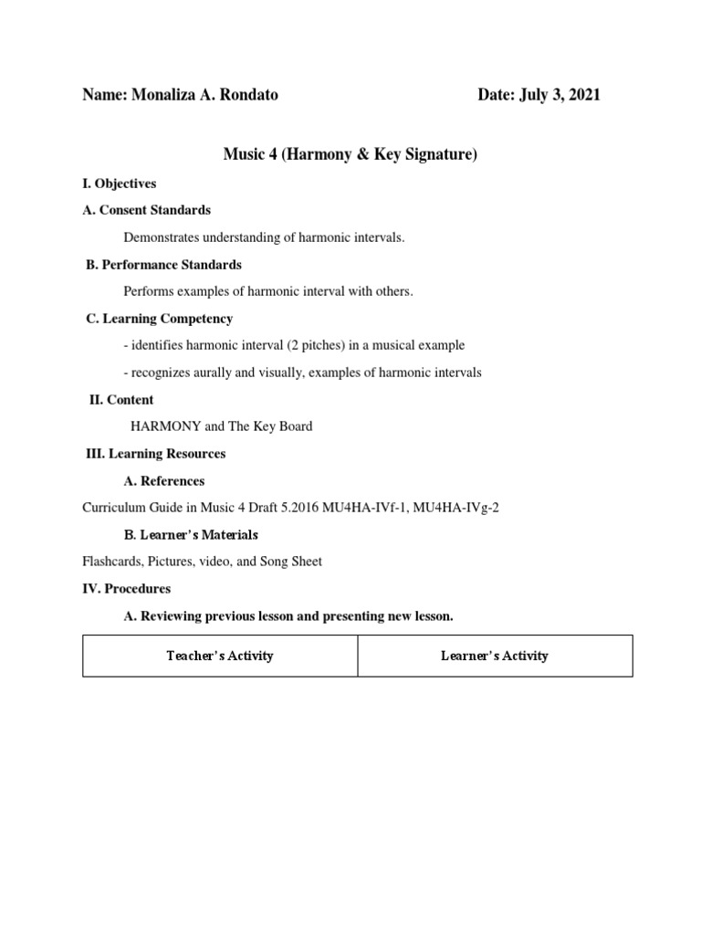 Detailed Lesson Plan On Harmony and Key Signature Demo 3 | PDF | Clef ...