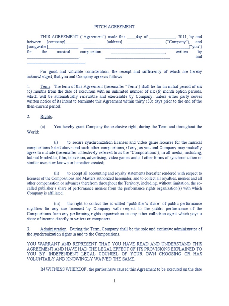 Short Sync Pitch Agreement Sample | PDF | Royalty Payment | Government