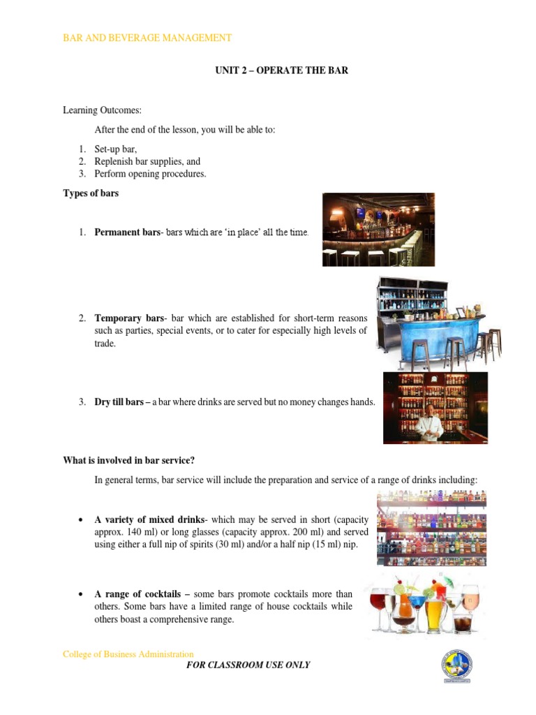 Unit 2 - Operate The Bar: Bar and Beverage Management | PDF | Drink ...