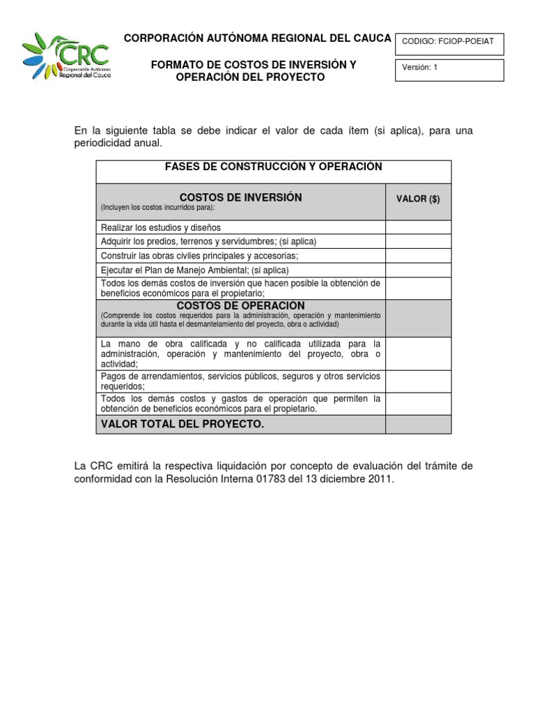 F Costos de Inversion y Operacion Del Proyecto V1 | PDF | Negocios ...