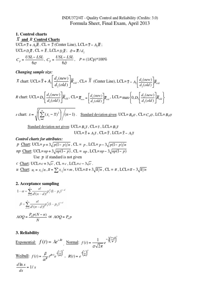 Formula Sheet, Final Exam, April 2013: 1. Control Charts | PDF ...