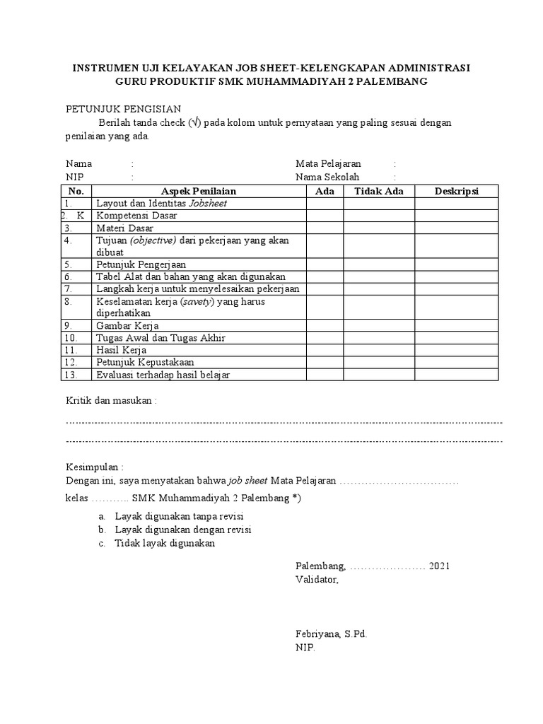 Instrumen Uji Kelayakan Job Sheet - Kelengkapan Administrasi | PDF
