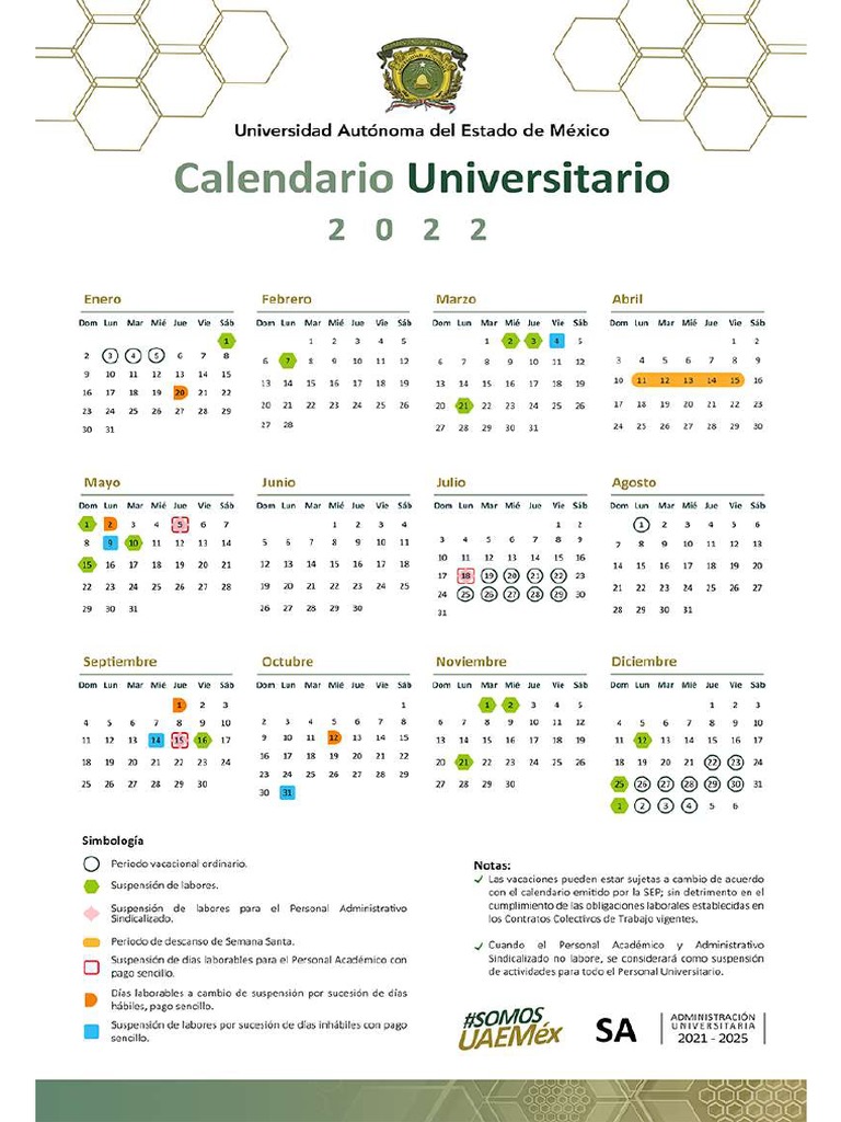 Calendario UAEMex 2022 Disponible para Descargar en PDF | PDF