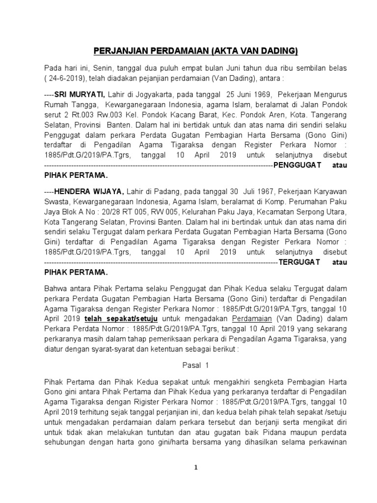 Perjanjian Perdamaian (Akta Van Dading) : Pihak Pertama | PDF