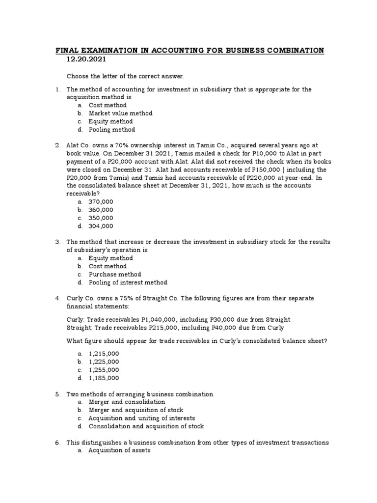Final Examination in Accounting For Business Combination | PDF ...